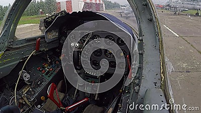 Cabin of Combat Fighter Plane Closes. Inside View of Cockpit and ...