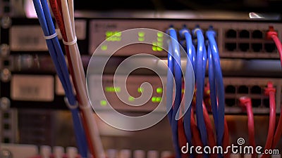 Cables and Connections on Network Server. Server Rack and Network Hub ...