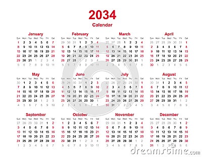 Calendar 2034 - 12 Months Yearly Vector Calendar In Year 2034 ...