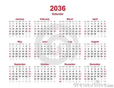 Calendar 2036 - 12 Months Yearly Vector Calendar In Year 2036 ...