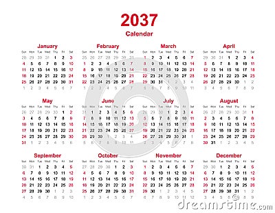 Calendar 2037 - 12 Months Yearly Vector Calendar In Year 2037 ...