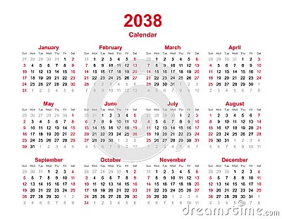 Calendar 2038 - 12 Months Yearly Vector Calendar In Year 2038 ...