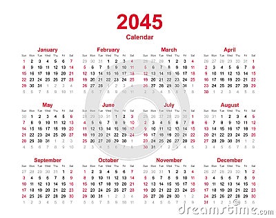 Calendar 2045 - 12 Months Yearly Vector Calendar In Year 2045 ...