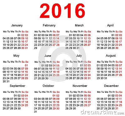 2016 Calendar Template. Horizontal Weeks. First Day Monday Stock Vector ...