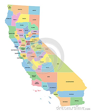 California, U.S. State, Subdivided Into 58 Counties, Multi Colored Map ...