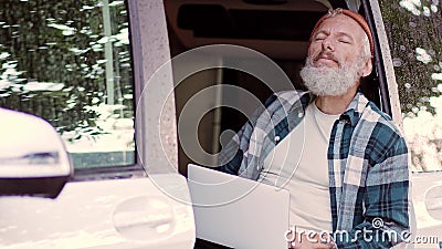 Calm Older Man Traveler Sitting in Camper Van Using Laptop in Camping ...