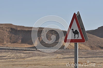 Camel Warning Sign On The Road. Signage In The Desert In Israel Stock ...