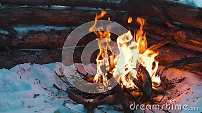 Campfire Burns in the Snow in the Forest Hill, on a Background of Snow ...