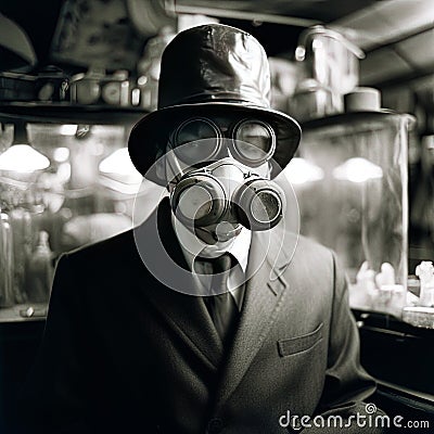 Surreal And Disturbing Portrait Of A Man In Elegant Suit Wearing A Gas ...