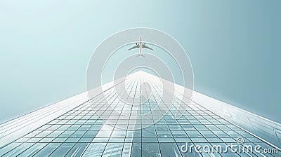 Airplane Soaring Above A Sleek, Triangular Glass Skyscraper. Stock ...