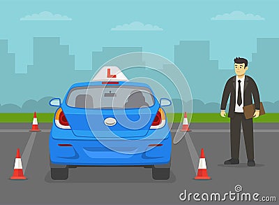 Car Driving Practice With Red Cones. Student Driver Driving A Blue Car ...