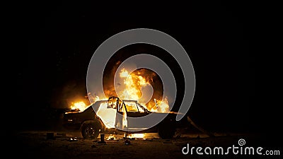 Car on Fire, Burning Car at Night, Side View Stock Footage - Video of ...