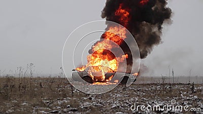 Car Explosion, Side View, Car Burns in a Gray Field Stock Footage ...