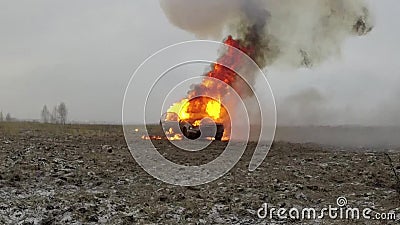 Car Explosion in Slow Motion, Car Burns in a Gray Field Stock Footage ...