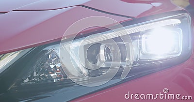 Car With Headlight Flashing Smoothly Close Up. Car Front Led Light With ...