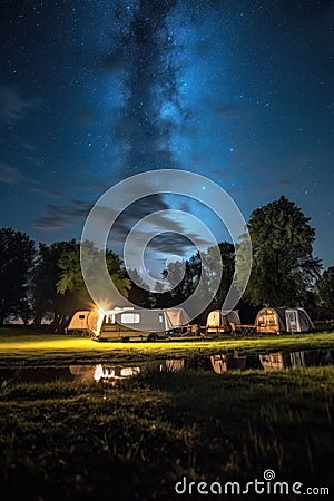 Caravans Campsite Under The Starry Night Sky Stock Image ...