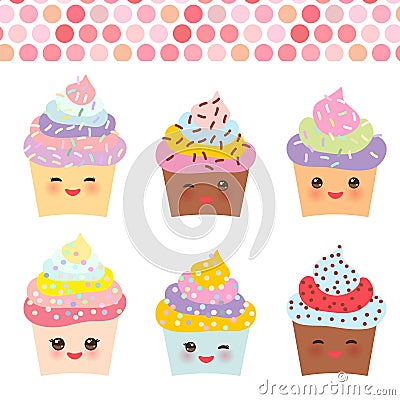 Card Design With Cupcake Kawaii Funny Muzzle With Pink Cheeks And ...