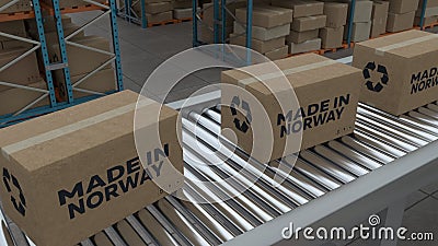 Cardboard Boxes with Made in Norway on Conveyor Belt Line Isolated on ...