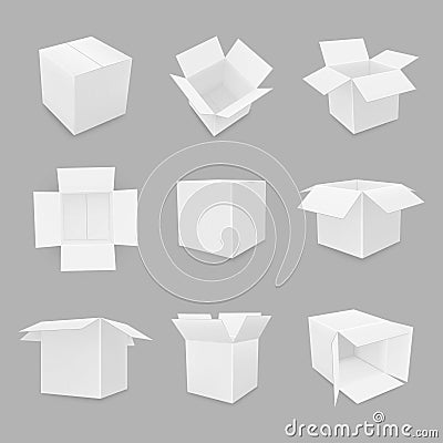 Cardboard Boxes White In Different Positions Angles Realistic Mockups ...