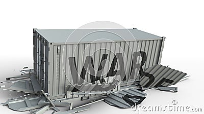 Container with TRADE Text Being Broken by Cargo Container with WAR ...