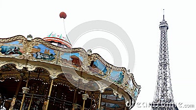 Carousel with Background Eiffel Tower Stock Footage - Video of paris ...