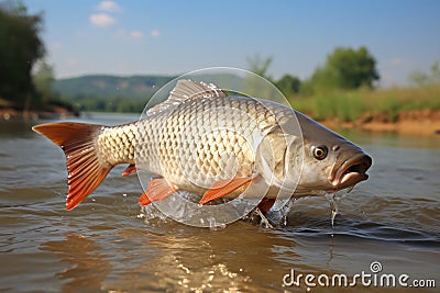 Carp Gracefully Jumping From The Lake ,close Up. AI Generated Royalty ...
