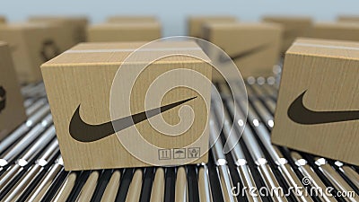 Carton Boxes With NIKE Logo Move On Roller Conveyor. Realistic 3D ...