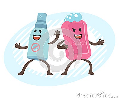 Cartoon Antiseptic Character And Soap Character. Hygiene ...