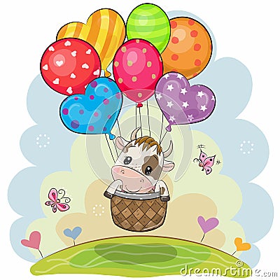 Cartoon Bull Is Flying On Balloons Vector Illustration | CartoonDealer ...