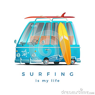 Cartoon Design Surf Van Boster. Surfing Bus Vector Illustration ...