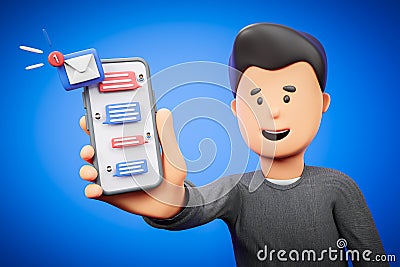 Cartoon Guy Holding Phone With Internet Chat Bubbles Popping Up ...