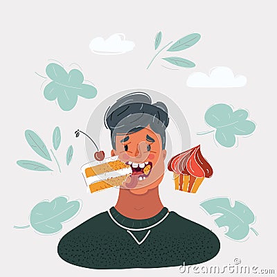 Cartoon Illustration Of Young Man Eating Cake On Dark Background ...