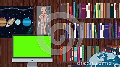 Cartoon Library with Book Shelves and Computers with Green Screen Stock ...