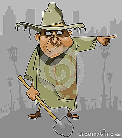 Cartoon Man In Dirty Ragged Clothes With A Shovel Pointing In The ...
