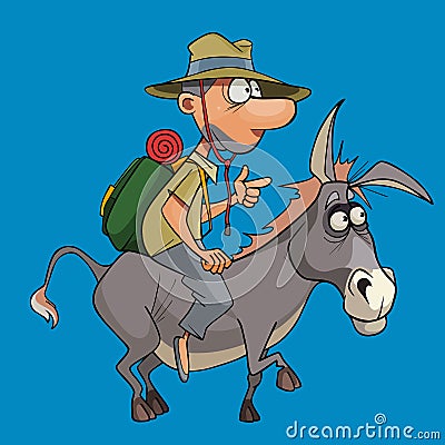 Cartoon Man Tourist With A Backpack And A Hat Riding A Donkey Vector ...
