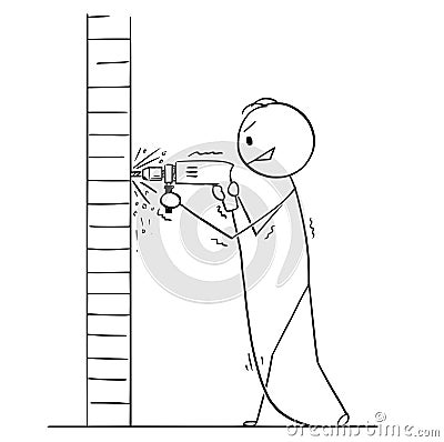 Cartoon Of Man Using Power Drill To Create Hole In Wall Vector ...