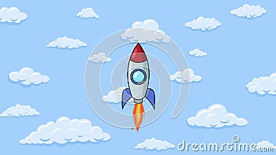 Cartoon Rocket Flying Up with Fluffy Clouds Around in the Blue Sky ...