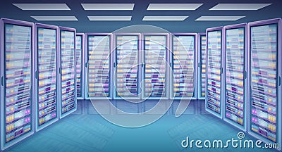 Cartoon Server Room With Cabinets With Servers Vector Illustration ...