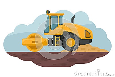 Cartoon Of Soil Compactor Roller Compacting The Ground. Heavy Machinery ...