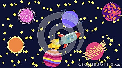 Cartoon Space. Cartoon Rocket Flies in Outer Space Past the Suspended ...