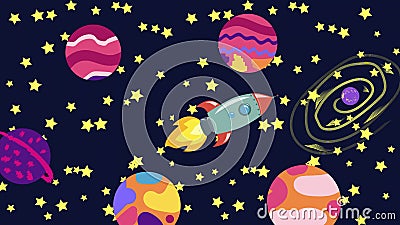 Cartoon Space. Cartoon Rocket Flies in Outer Space Past the Suspended ...