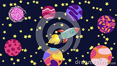 Cartoon Space. Cartoon Rocket Flies in Outer Space Past the Suspended ...