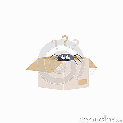 Cartoon Spider Inside Cardboard Box With Question Marks In Flat Vector ...