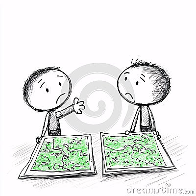Cartoon Stick Figures Analyzing Two Maps Stock Illustration ...