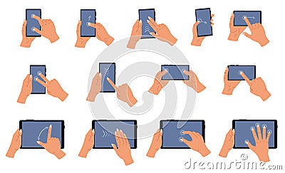 Cartoon Touchscreen Hand Gestures, Human Hands On Smartphone And Tablet ...