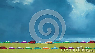 Cartoon Vector Cars Driving in Rush Hour on a Big Blue Sky Background ...