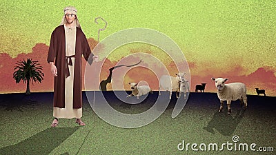 A Cartoon of a Young Biblical Shepherd Herding Sheep in a Desert Stock ...