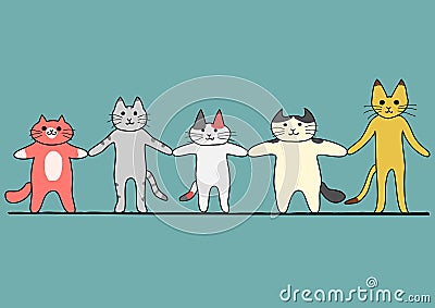 5 Cats Hand In Hand Cartoon Vector | CartoonDealer.com #42898853