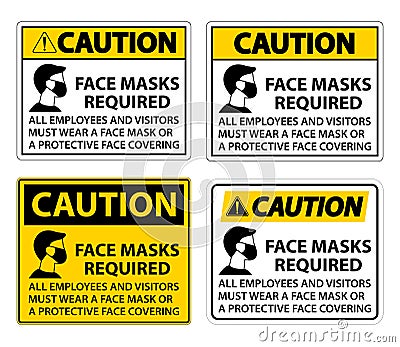 Caution Face Masks Required Sign On White Background Cartoon Vector ...