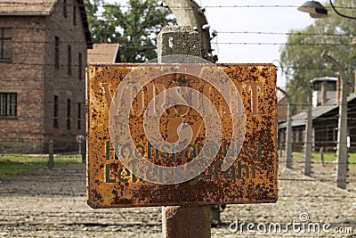 Caution Sign At Auschwitz Concentration Camp Editorial Image ...